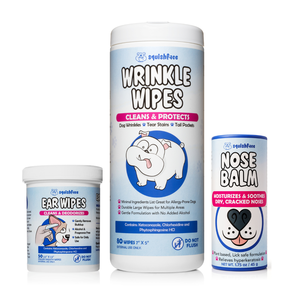Squishface Wrinkle Wipes + Ear Wipes + Nose Balm Bundle
